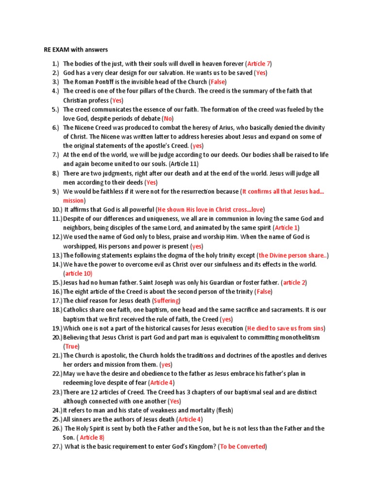 RE EXAM With Answers | PDF | Baptism | God The Father