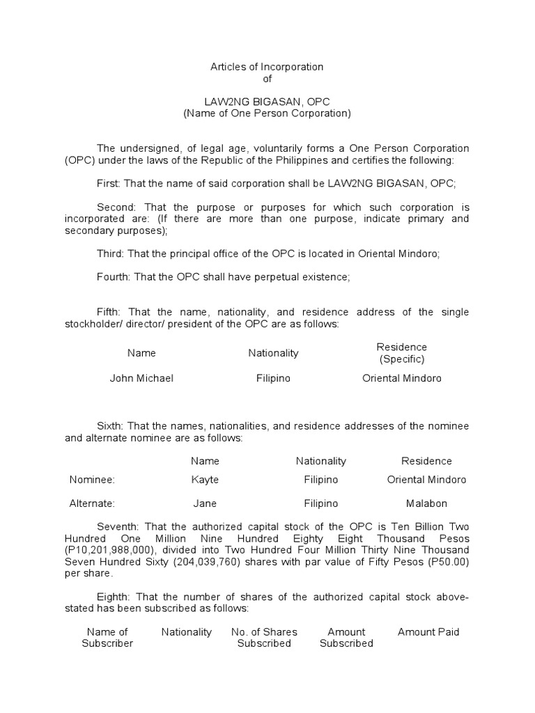 Sample ARTICLES OF INCORPORATION | PDF | Corporations | Notary Public