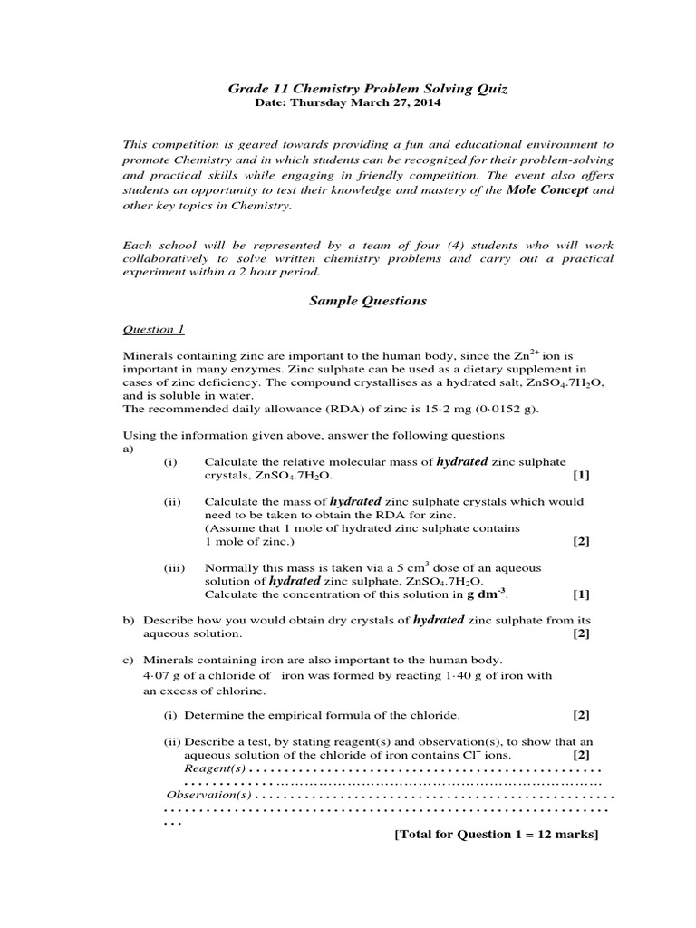 Grade 11 Chemistry Problem Solving Quiz: Date: Thursday March 27, 2014 ...