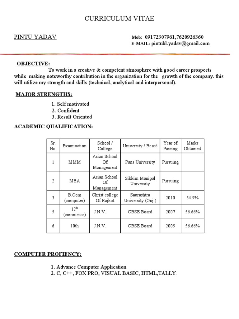 Pintu Yadav's Curriculum Vitae | PDF