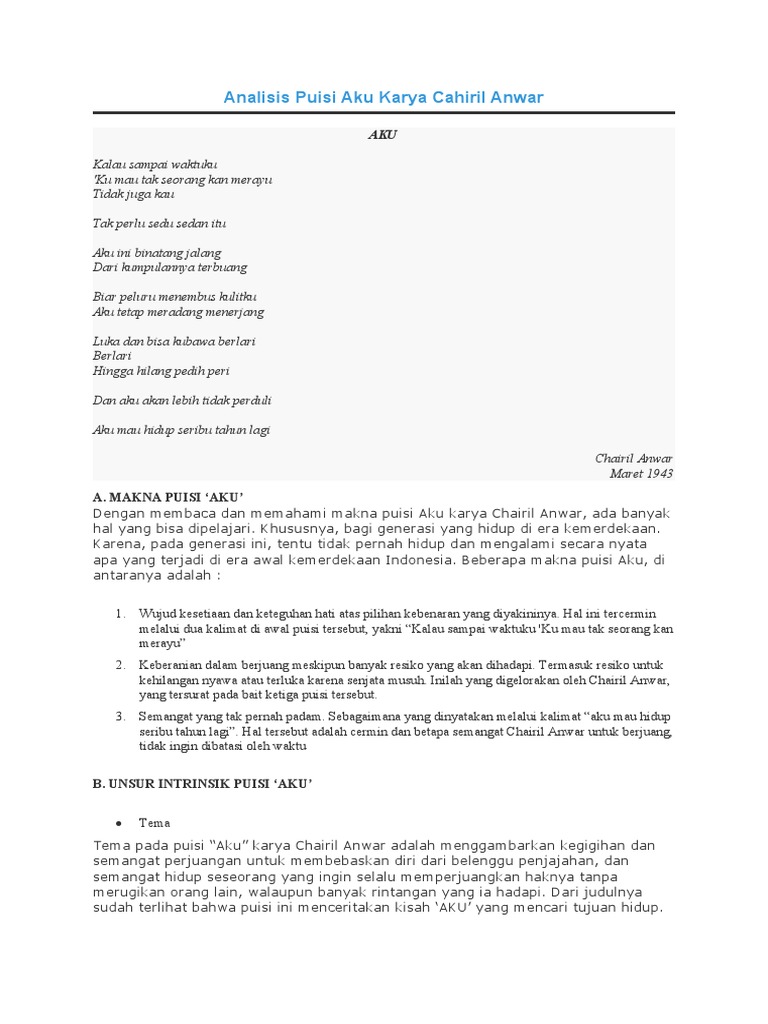 Analisis Puisi Aku Karya Cahiril Anwar | PDF