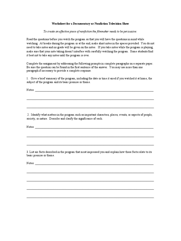 Film Study Worksheet Documentary TV | PDF | Cognition