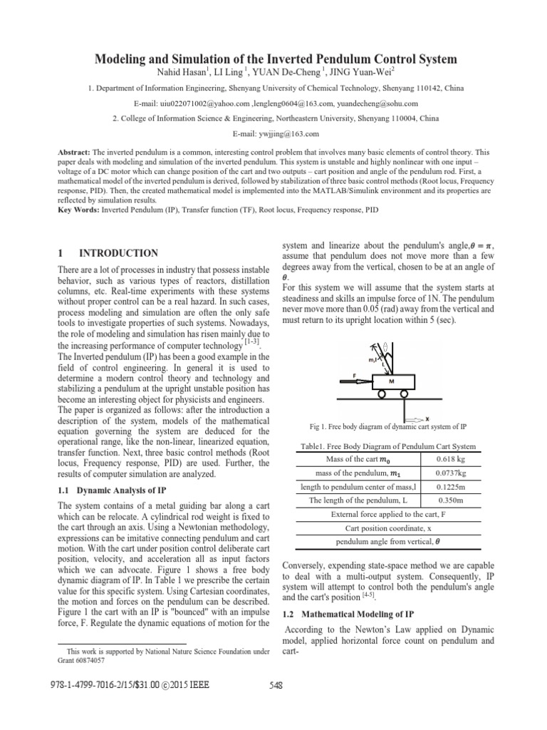 Modeling And Simulation Of The Inverted Pendulum Control System Pdf Control Theory