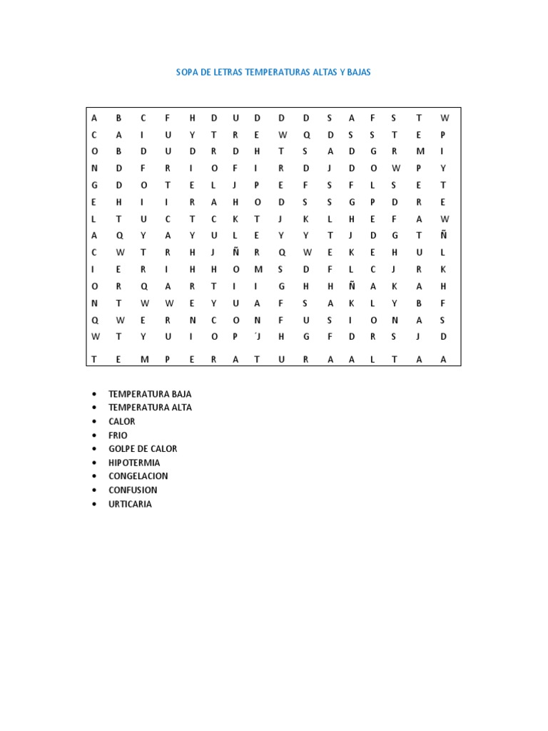 Sopa de Letras Temperaturas Altas y Bajas | PDF