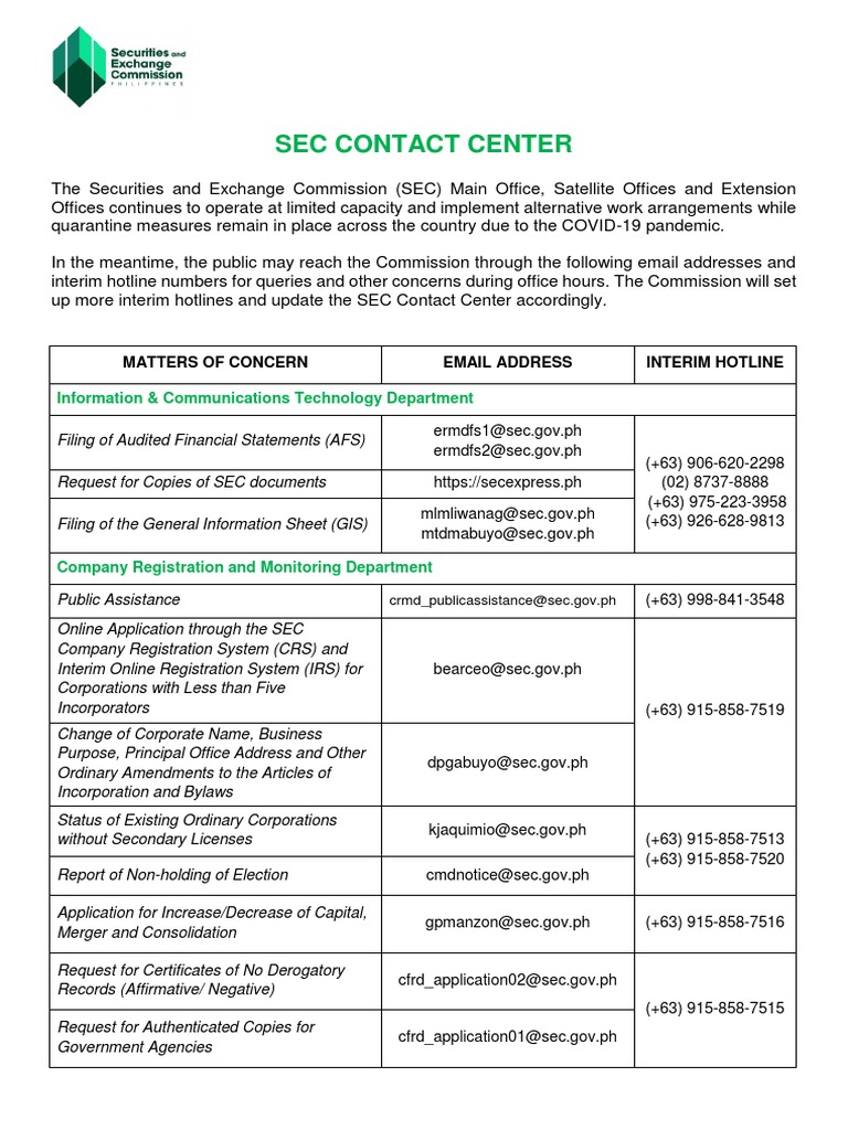 SEC Contact Center As of 27 November 2020 | PDF | U.S. Securities And ...
