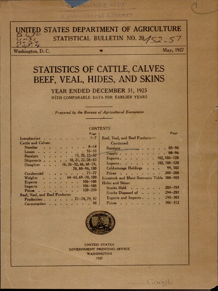 Statistics of Cattle, Calves, Beef, Veal, Hides, and Skins, (USDA 1927 ...
