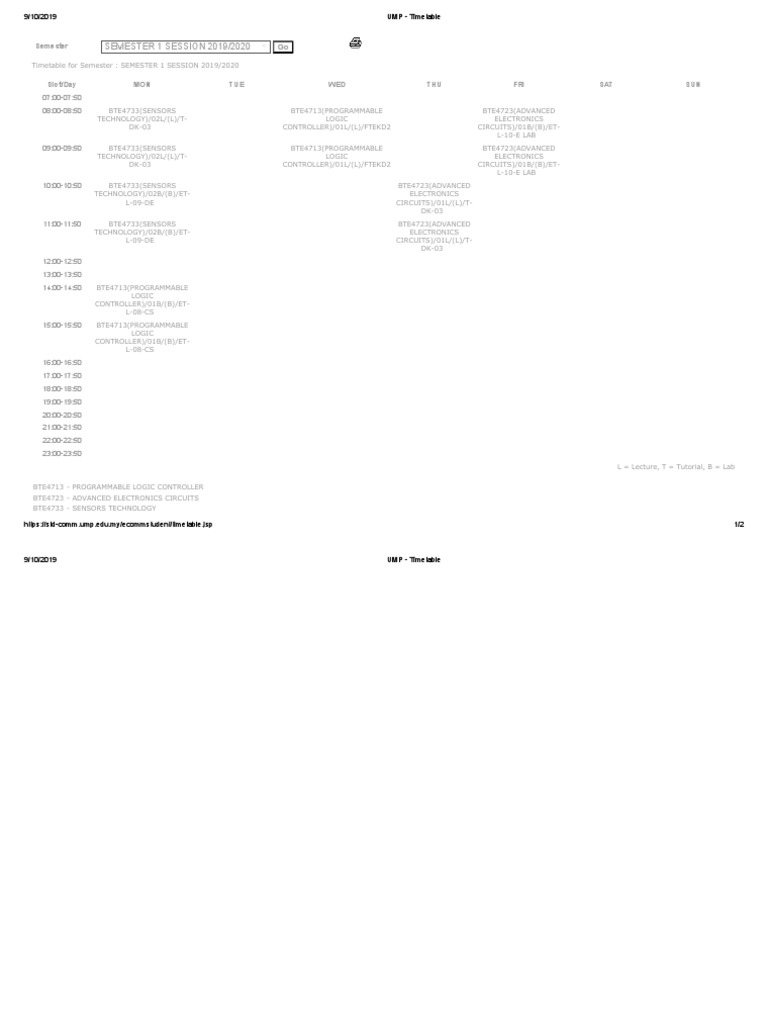 UMP Semester 1 2019/2020 Timetable | PDF | Electronics | Electrical ...