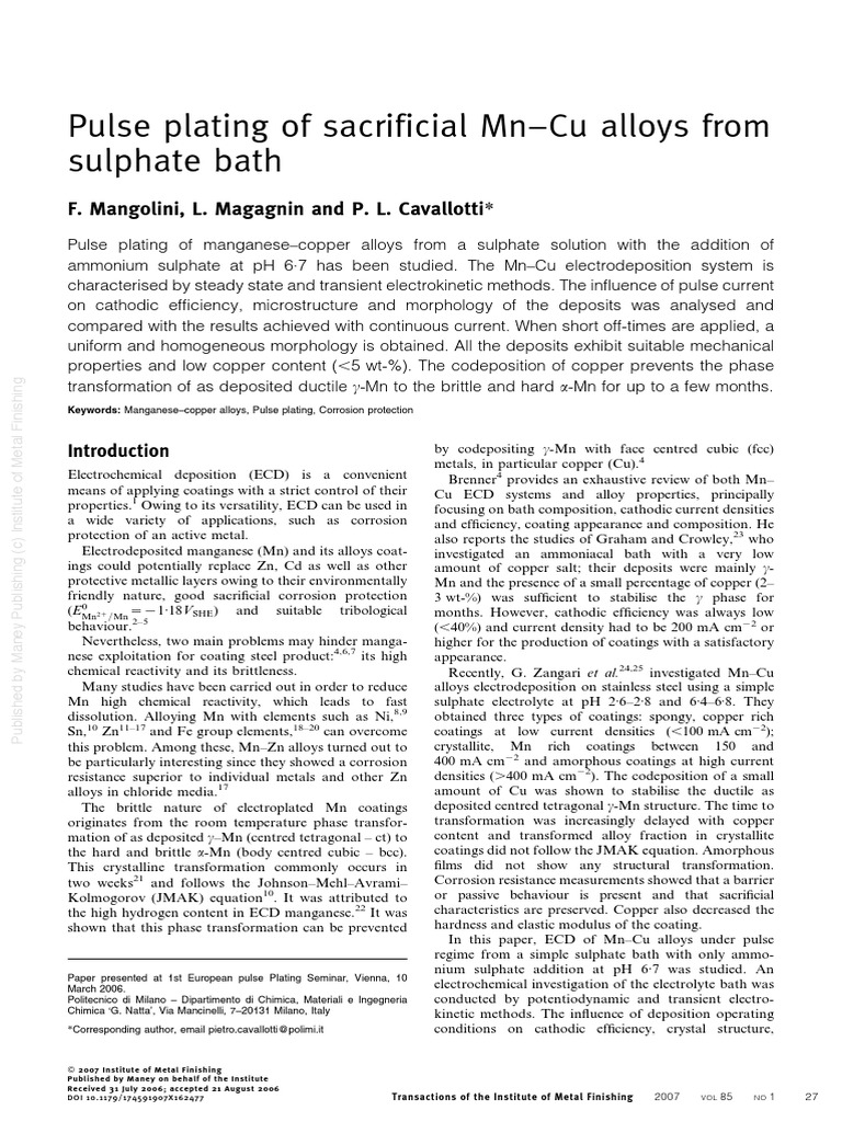 Pulse Plating of Sacrificial MN Cu Alloy PDF | PDF | X Ray ...