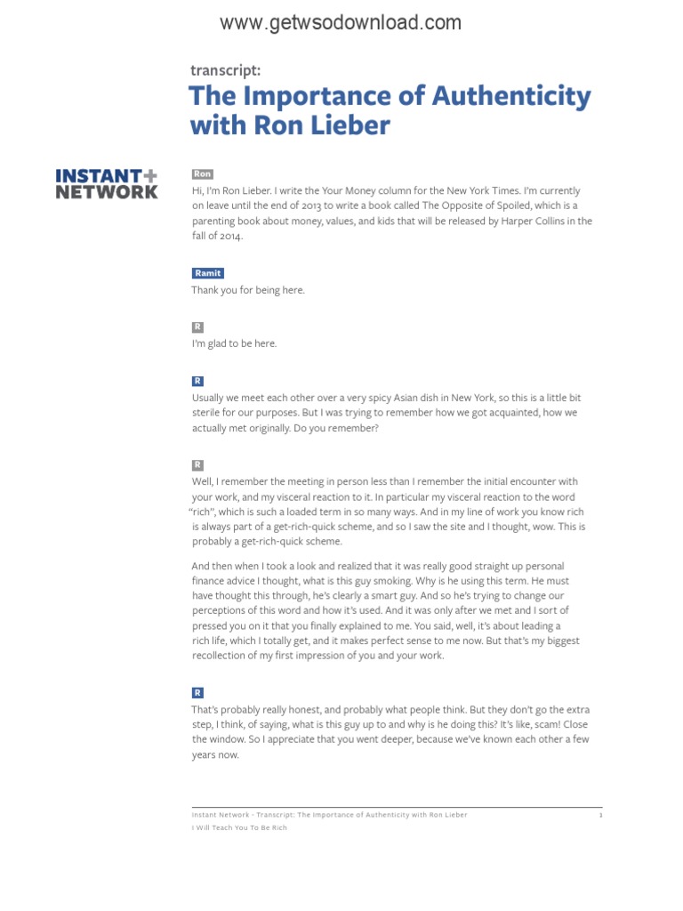 The Importance of Authenticity With Ron Lieber: Transcript | PDF | Blog ...