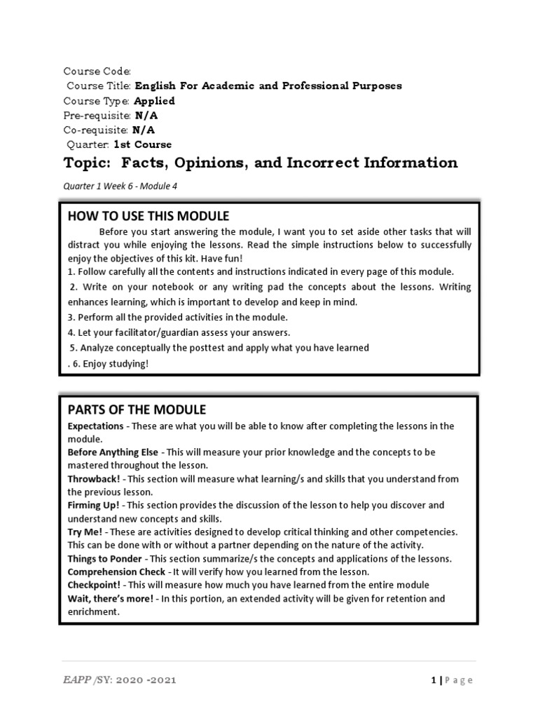EAPP - Module4.Quarter 1 - Week 6 | PDF | Reading Comprehension | Cognition