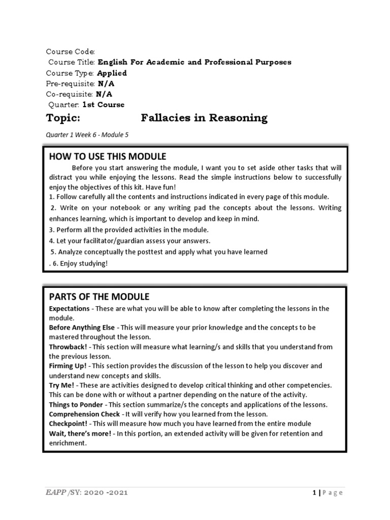 EAPP - Module5.Quarter 1 - Week 6 | PDF | Reasoning | Philosophical ...