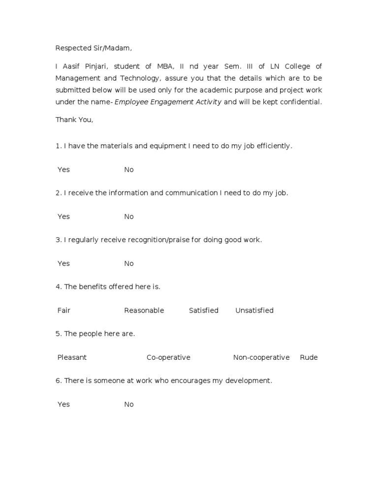 Questionnaire - On Employee Engagement Activity | PDF