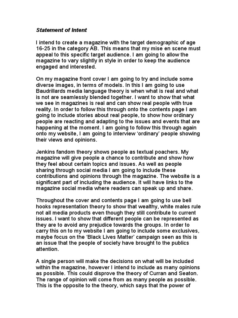 Statement of Intent Draft 1 | PDF | Magazines | Media Manipulation
