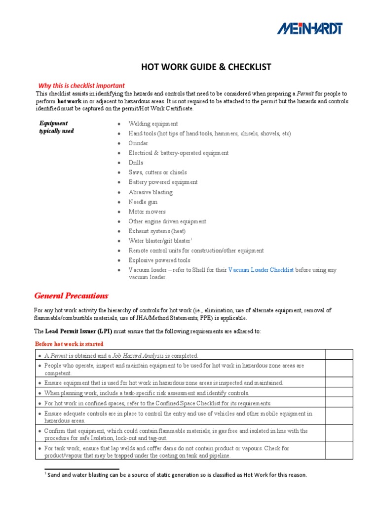Checklist For High Risk Work - Hot Work | Download Free PDF | Welding ...
