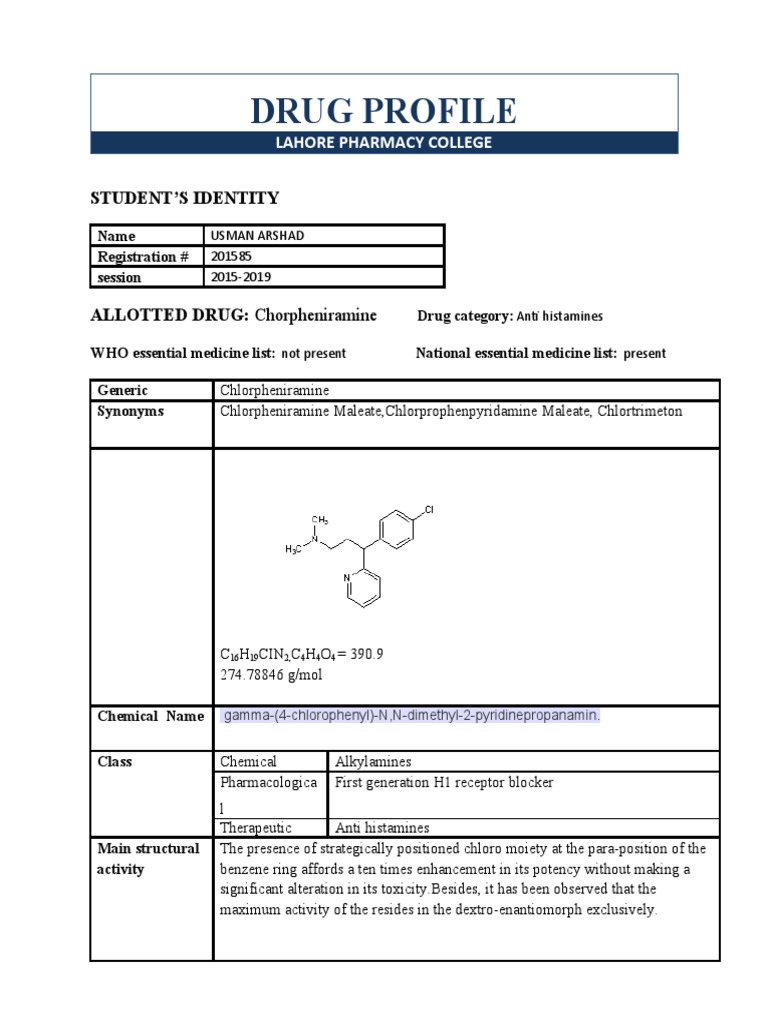 Drug Profile Chlorphenramine | PDF | Dose (Biochemistry) | Chemistry