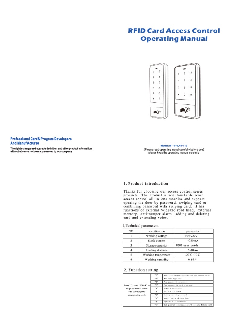 RFID Card Access Control Operating Manual: Professional Card& Program ...