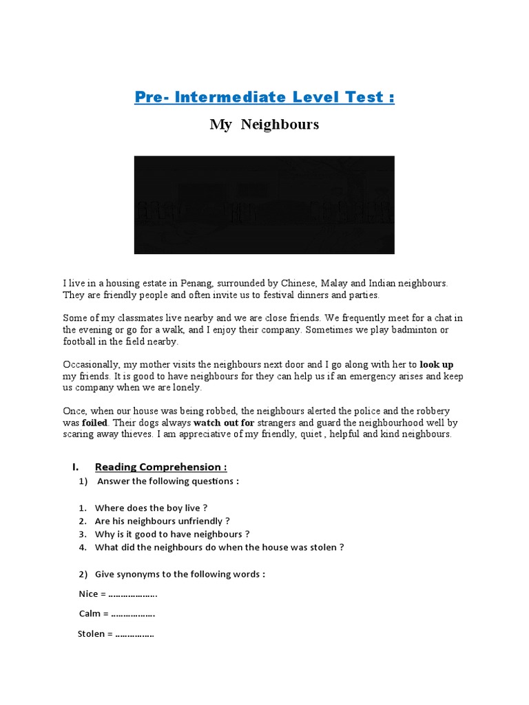 Pre-Intermediate Level Test:: My Neighbours | PDF | Syntactic ...