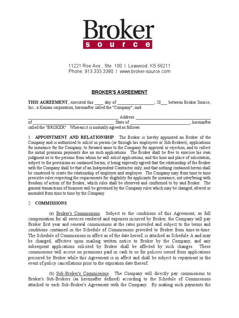 Broker Agreement Between Broker Source, Inc. and an Independent ...