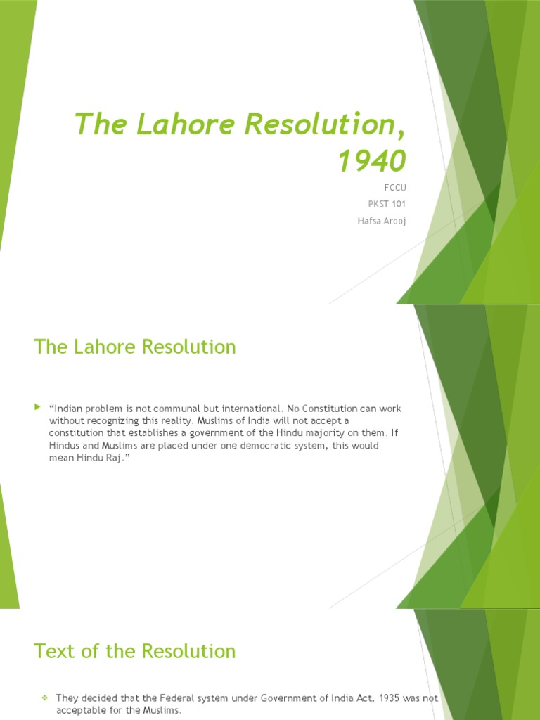 The Lahore Resolution, 1940: Fccu PKST 101 Hafsa Arooj | PDF