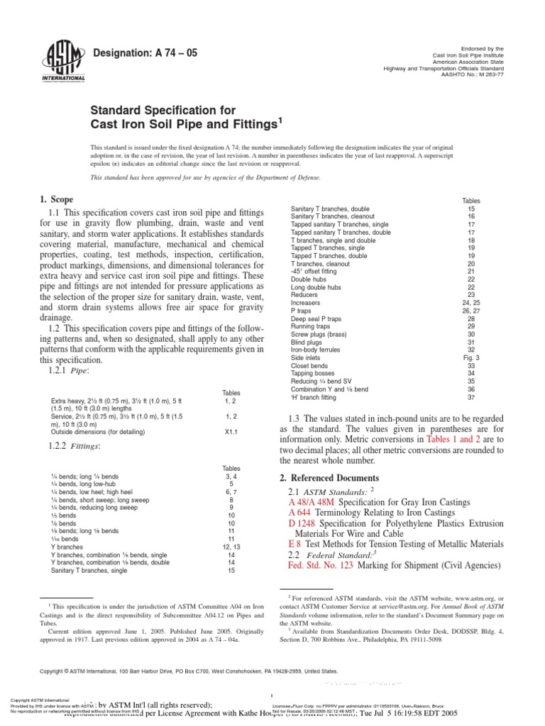 ASTM A74 - Cast Iron Soil Pipe and Fittings PDF | Download Free PDF ...
