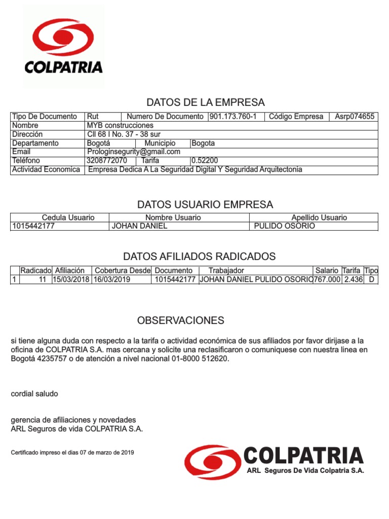 CERTIFICADO COLPATRIA ARL Johan | PDF
