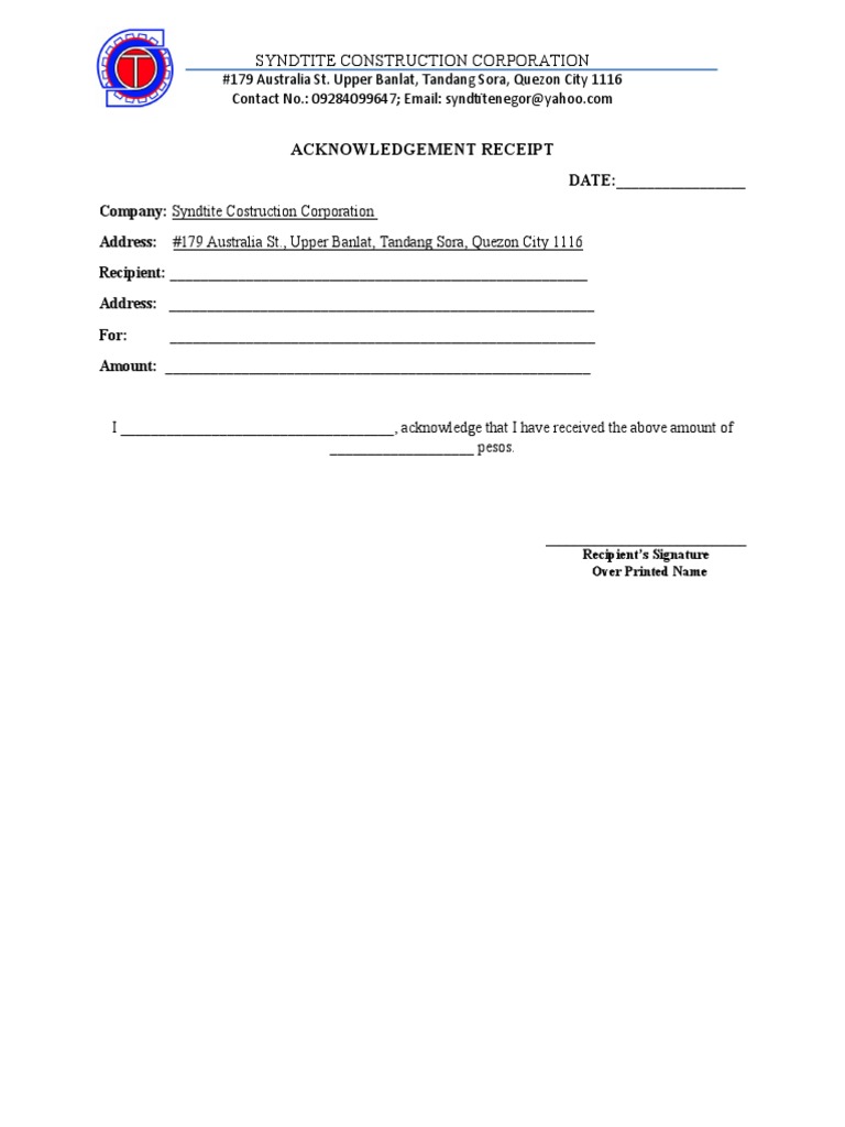 Acknowledgement Receipt: Syndtite Construction Corporation | PDF