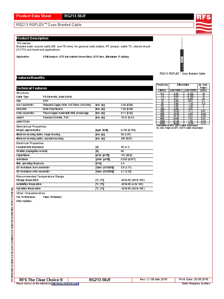 Rg213 Rgflex Coax Braided Cable: Product Data Sheet RG213-50JF | PDF ...