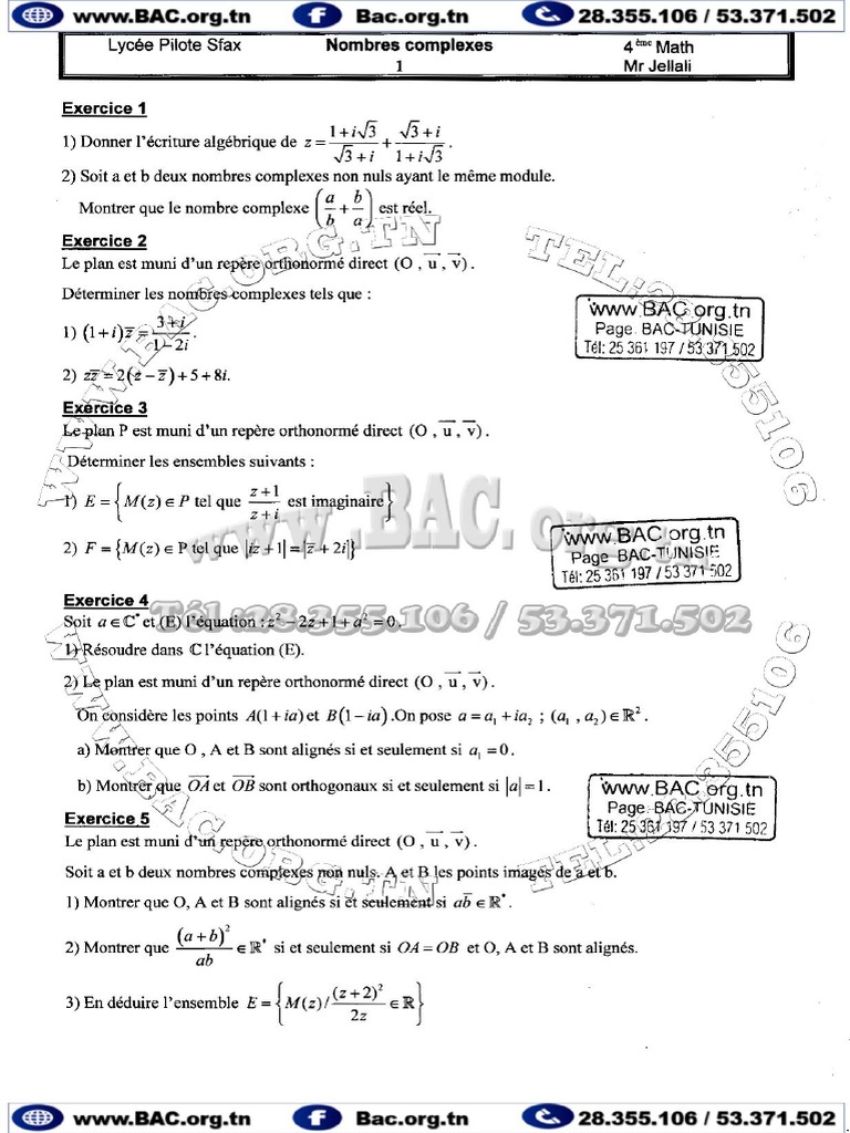 Des Series Avec Corrections Nombres Complexes Bac Math Pilote Sfax PDF | PDF