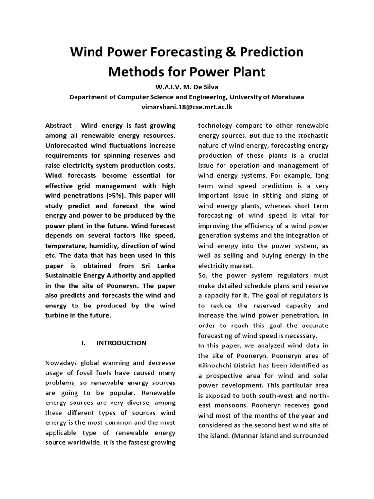 Wind Power Forecasting & Prediction Methods For Power Plant | PDF ...