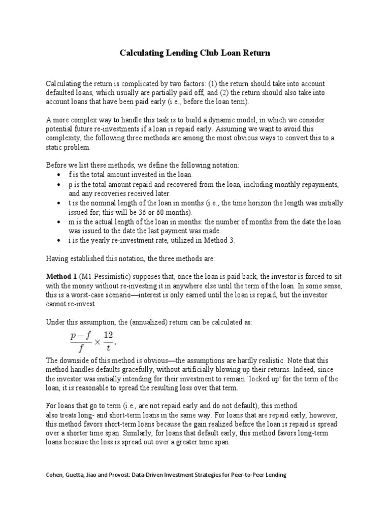 Calculating P2P Loan Returns | PDF | Loans | Investor
