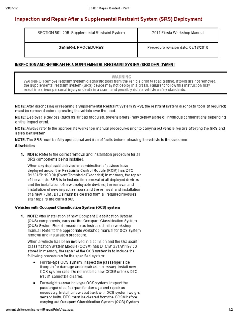 SRS Deployment Inspection & Repair Guide | PDF | Airbag | Seat Belt