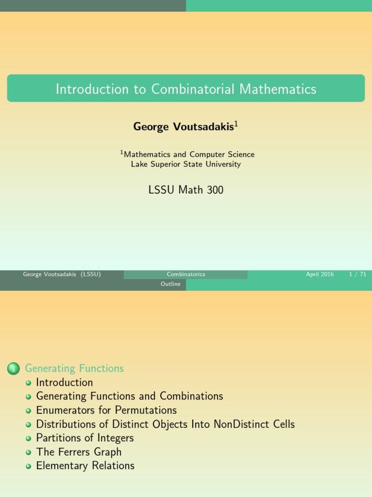 Introduction To Combinatorial Mathematics: George Voutsadakis | PDF | Combinatorics | Permutation