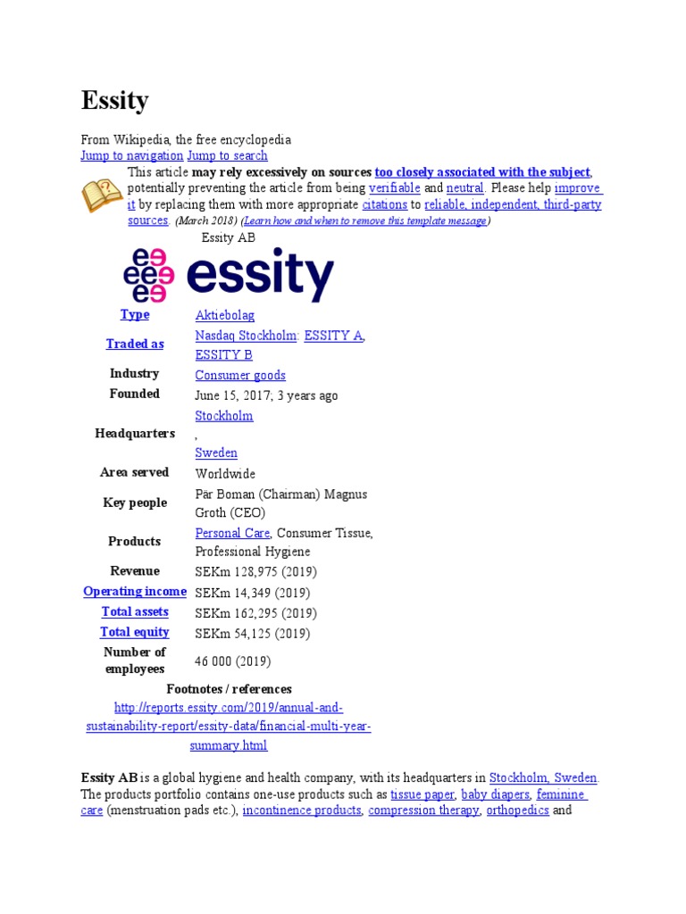 Essity: Too Closely Associated With The Subject | PDF | Companies ...