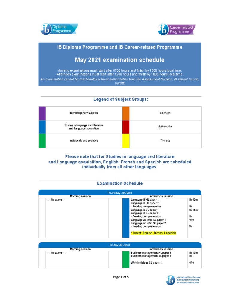 May 2021 Examination Schedule: IB Diploma Programme and IB Career ...