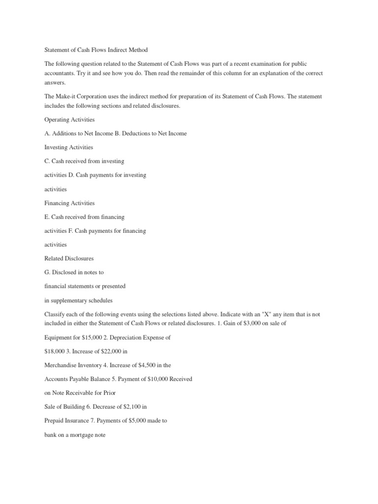 Statement of Cash Flows Indirect Method | PDF | Cash Flow Statement ...