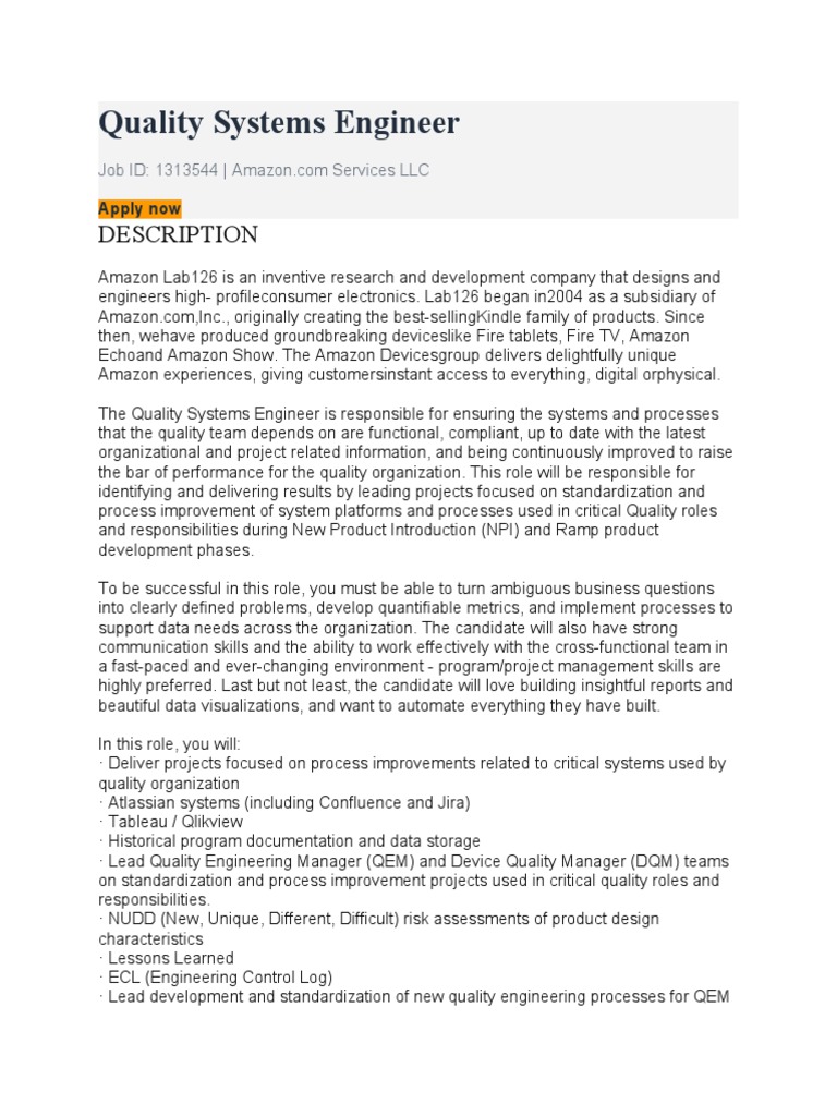 Quality Systems Engineer: Description | PDF | Engineering | Computer ...