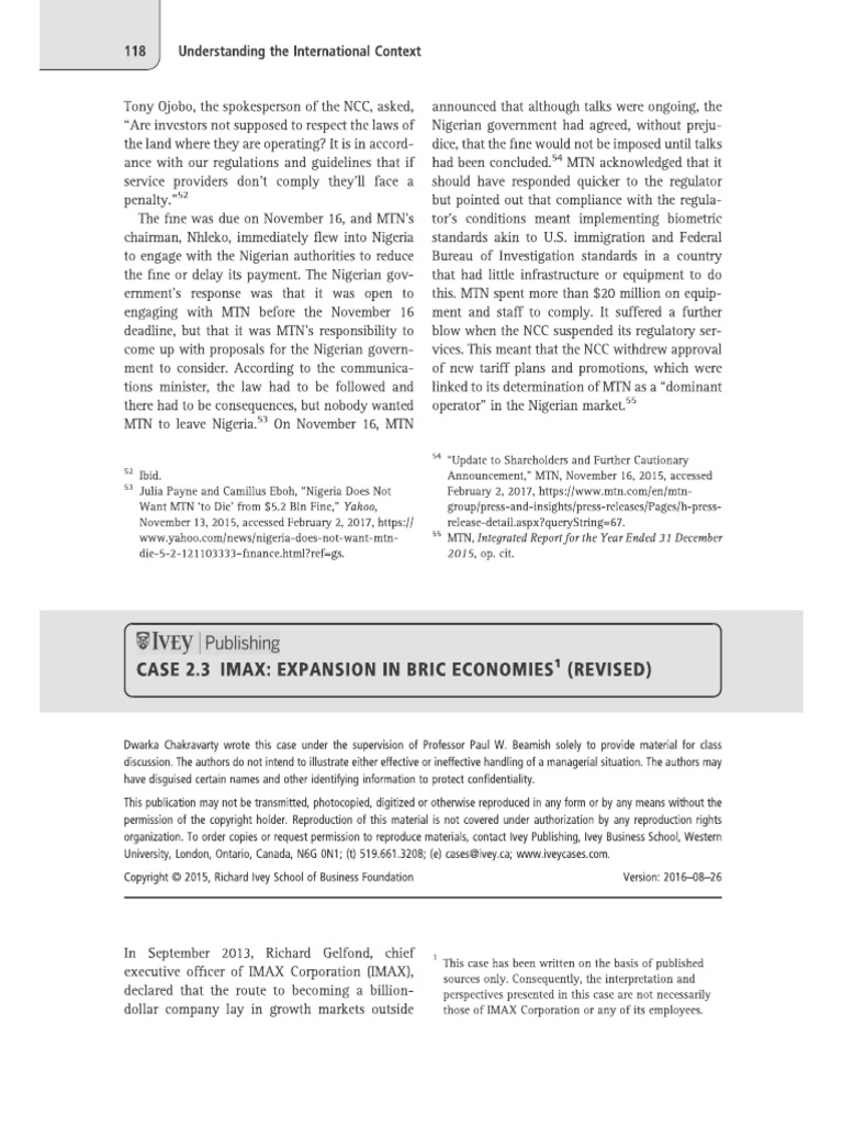Case 2.3 Imax Expansion in Bric Economies1 (Revised) | PDF
