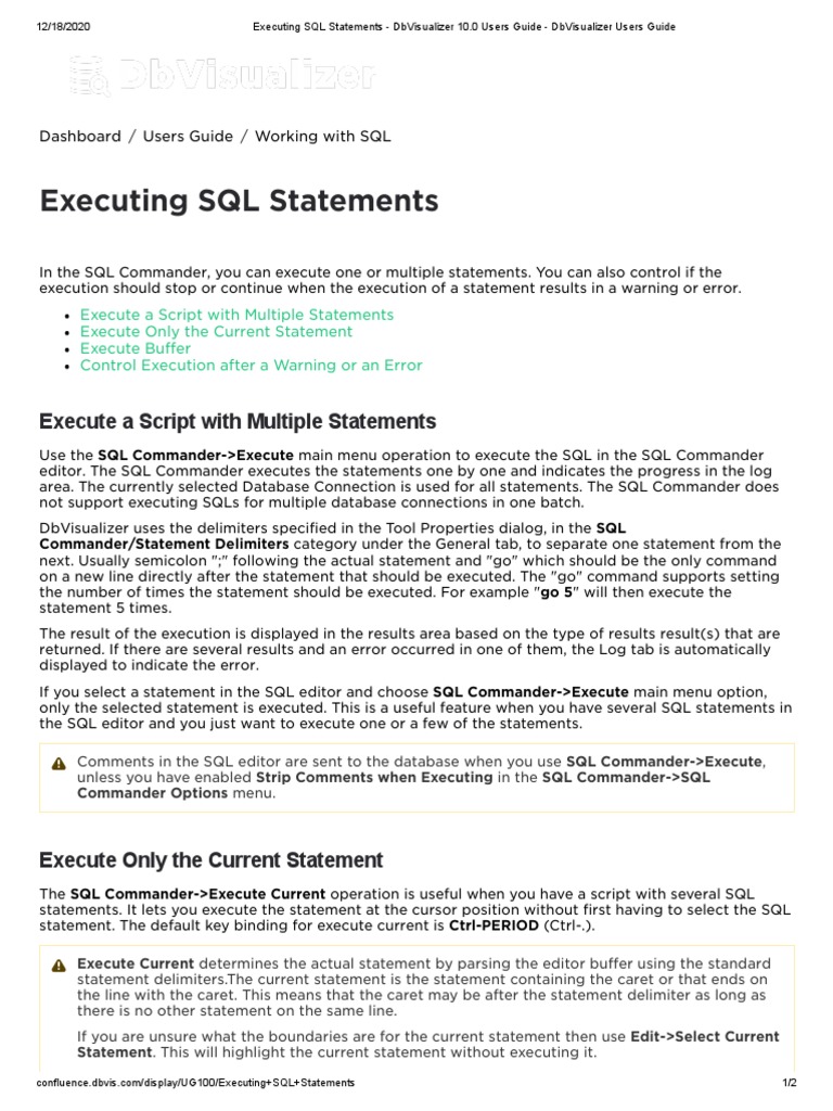 Executing Sql Statements Dbvisualizer 10 0 Users Guide Dbvisualizer Users Guide Pdf Sql