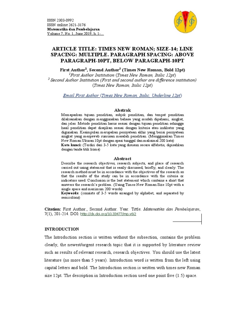 Article Title: Times New Roman Size-14 Line Spacing: Multiple ...