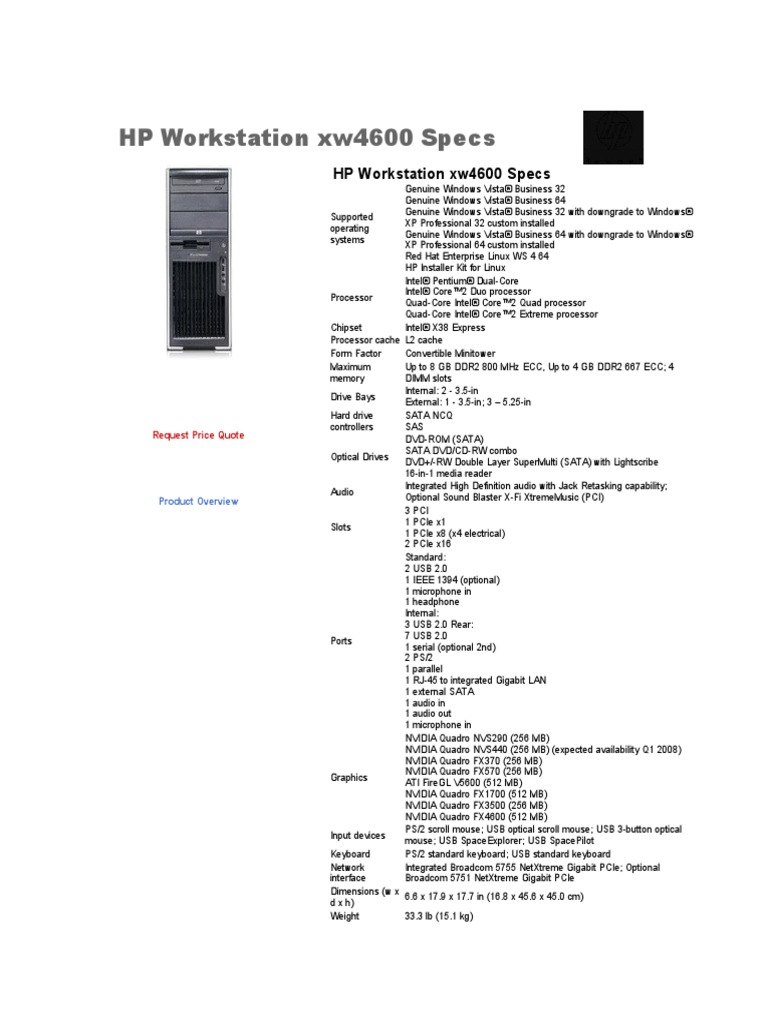 HP Workstation xw4600 Specs | PDF | Usb | Computer Hardware