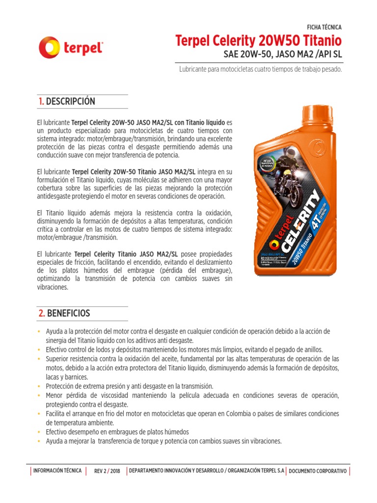 Terpel Celerity 20W50 Titanio PDF | PDF | Lubricante | Química