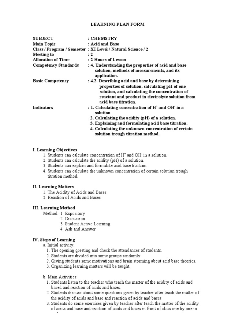 Lesson Plan Acid N Base | PDF | Ph | Titration