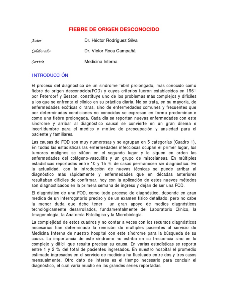 Fiebre De Origen Desconocido Pdf Diagnostico Medico Cáncer