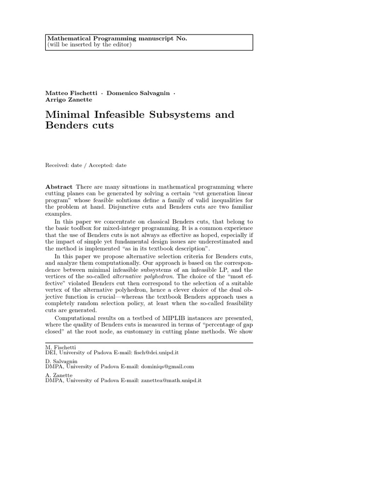 Minimal Infeasible Subsystems and Benders Cuts: Received: Date / Accepted: Date | PDF | Linear ...