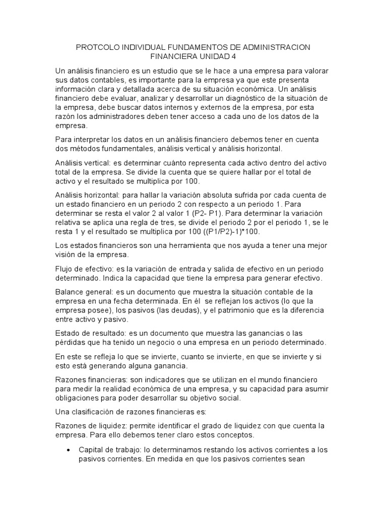 Protocolo Individual Fundamentos de Admon Financiera Unidad 4 | PDF | Capital de trabajo | Ratio ...