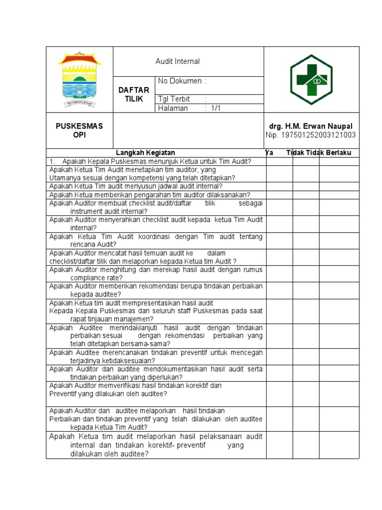Contoh Daftar Tilik Audit Internal | PDF