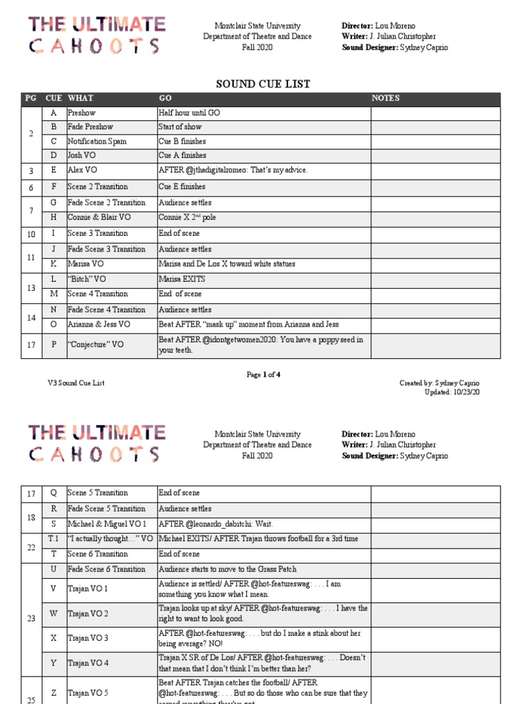 Sound Cue List for Fall 2020 Production | PDF