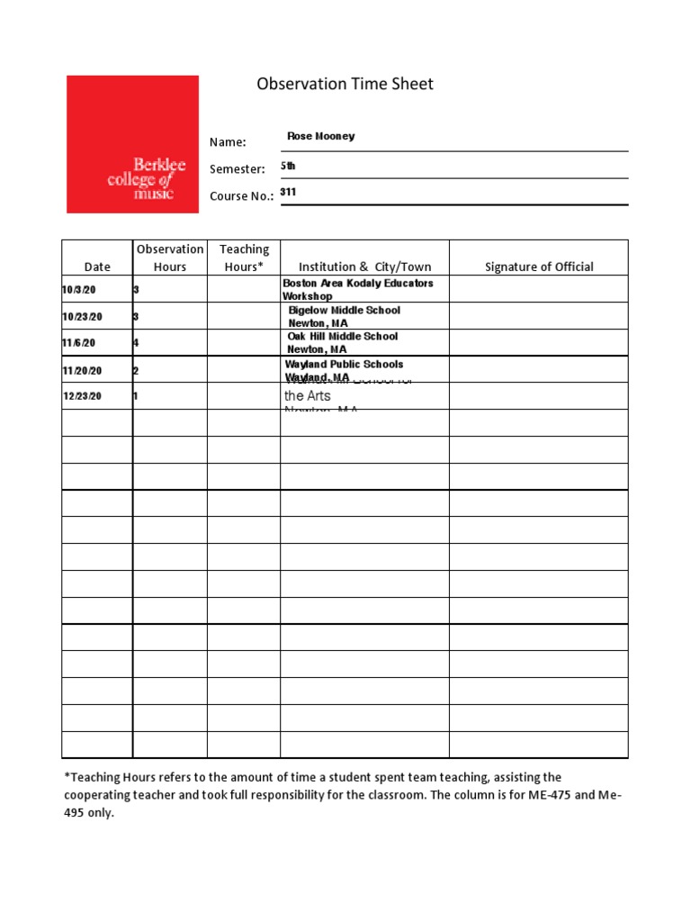 Observation Time Sheet for Teaching Hours | PDF
