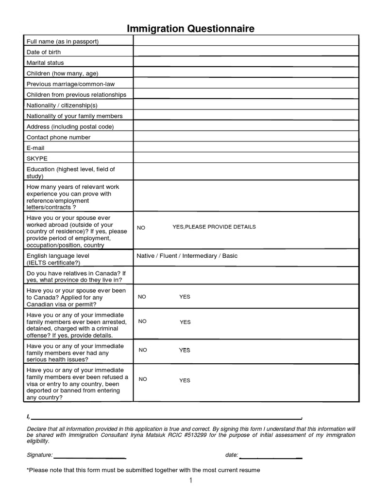 Immigration Questionnaire: NO Yes, Plese Provide Details Yes, Please ...