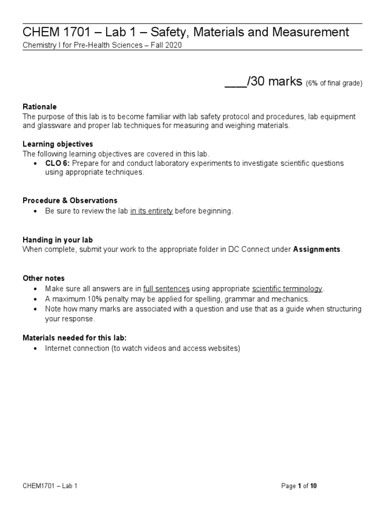 CHEM 1701 - Lab 1 - Safety, Materials and Measurement: Rationale | PDF ...